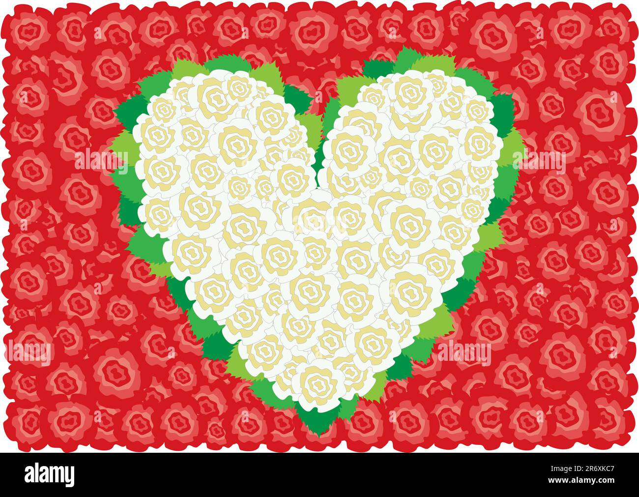 Beautiful white roses heart around leaves on the red roses background ...