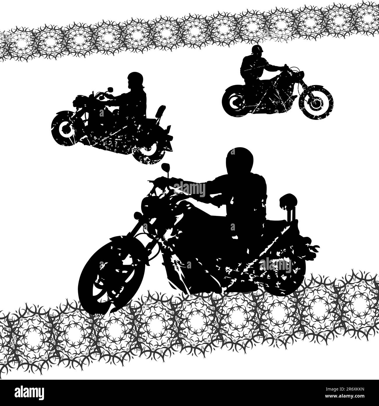 Biker grunge silhouettes with ornamental stripes, vector illustration ...
