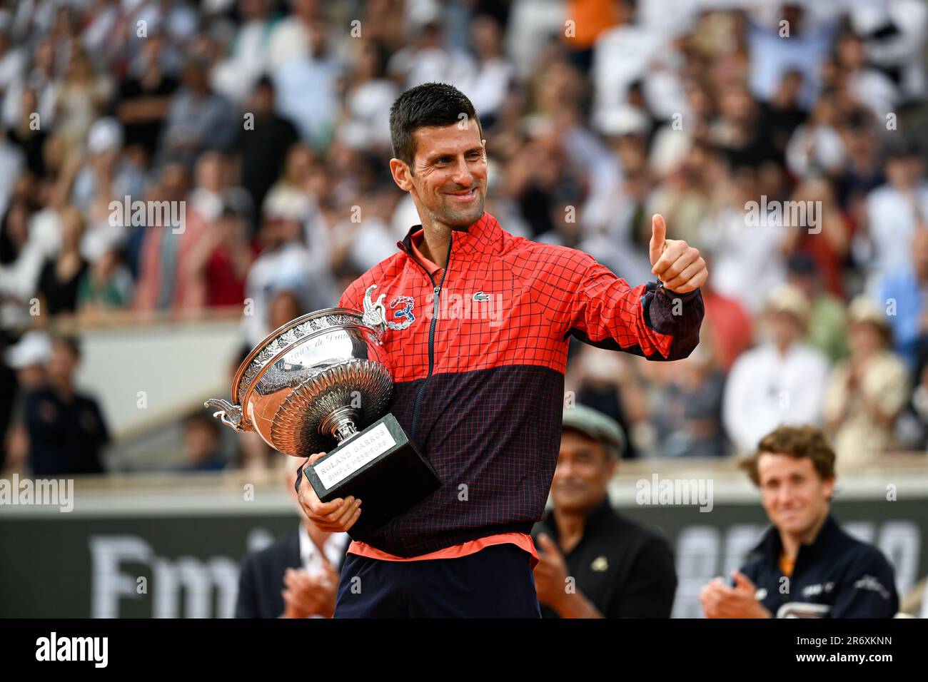 Paris, France. 11th June, 2023. Novak Djokovic with the trophy ("La ...