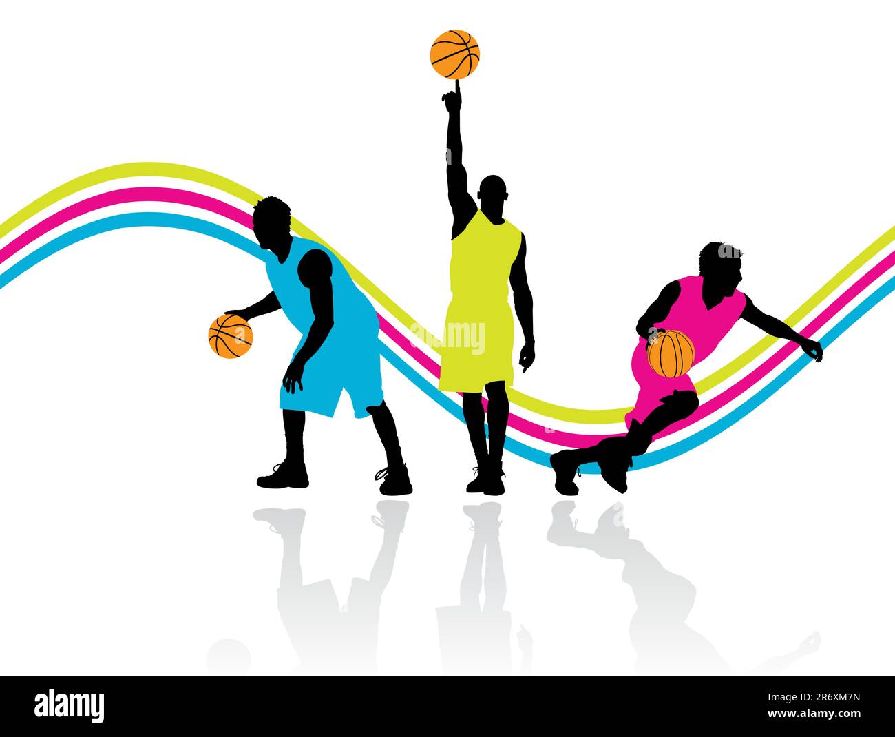 three basketball players with reflection on the floor, vector ...