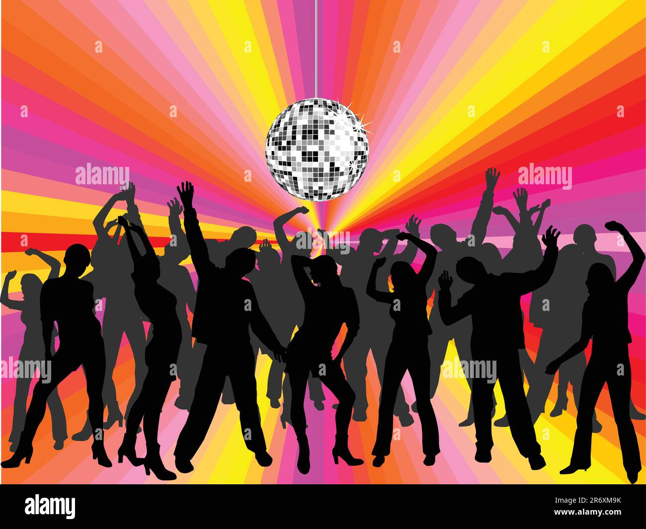 vector illustration of young people silhouettes on an abstract disco ...