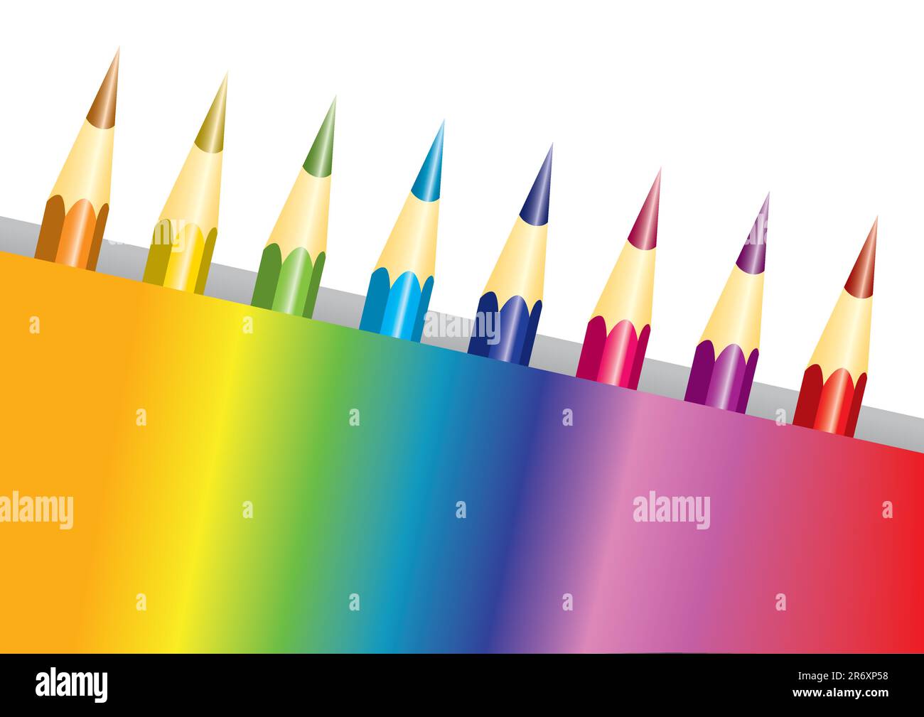 Set of rainbow colored pencils in a multicolored box isolated over ...