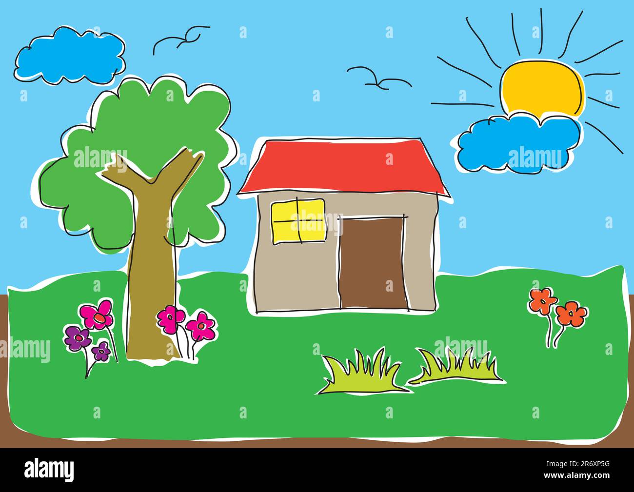 Vector illustrations of child's drawing of a house in a nice natural ...