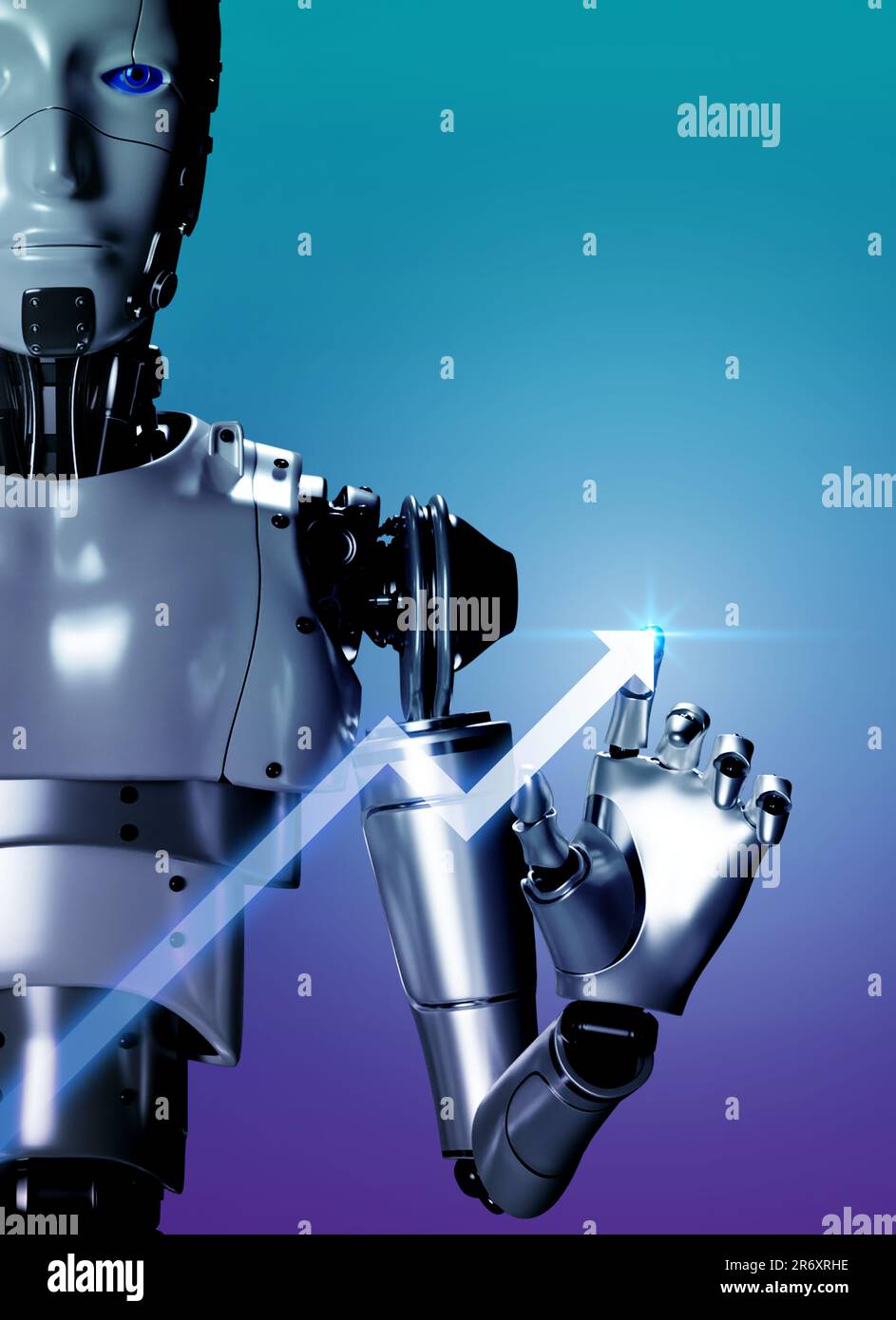 3d rendering smart robot draws rising arrow on growth graph on blue ...