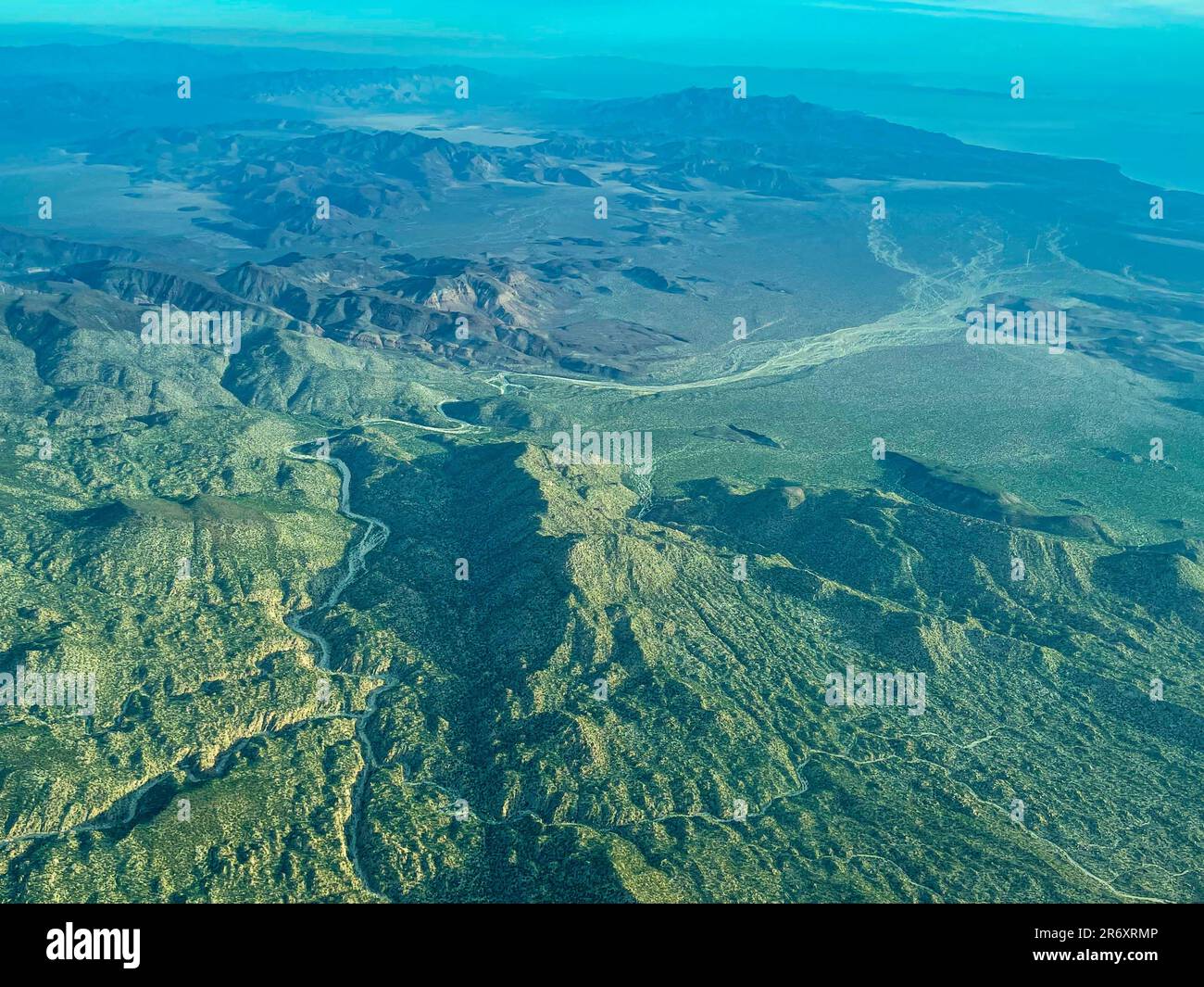 Aerial view of the desert and the mountains of Baja California Sur from ...