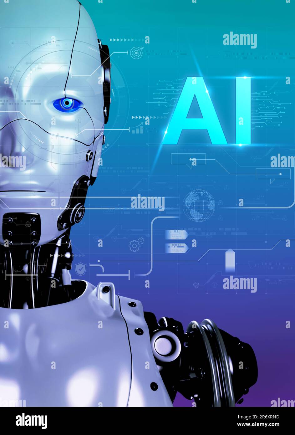 Artificial intelligence humanoid robot portraits looking camera surround with AI computer ...