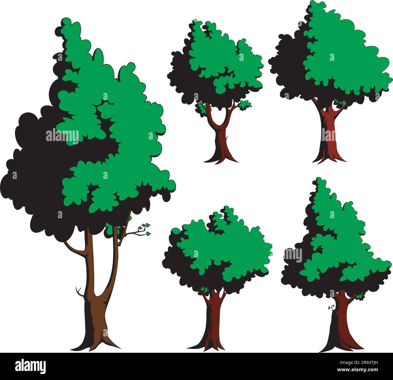 five green trees in style cartons, isolated vector illustrations Stock ...