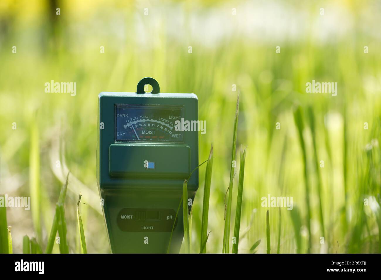 Soil moisture, light intensity and PH testing meter in close up ...