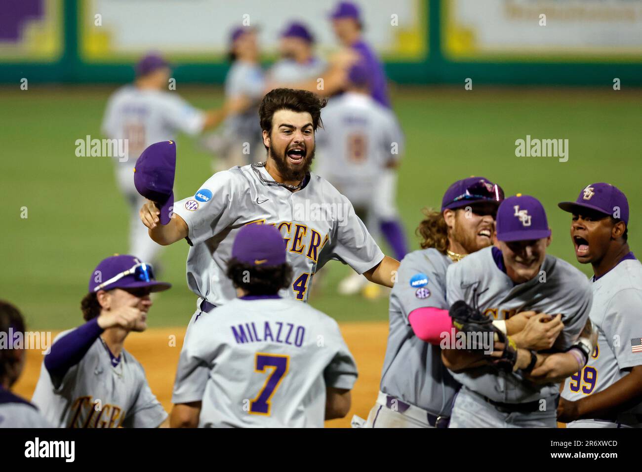 LSU pitcher Blake Money celebrates with his team after defeating ...