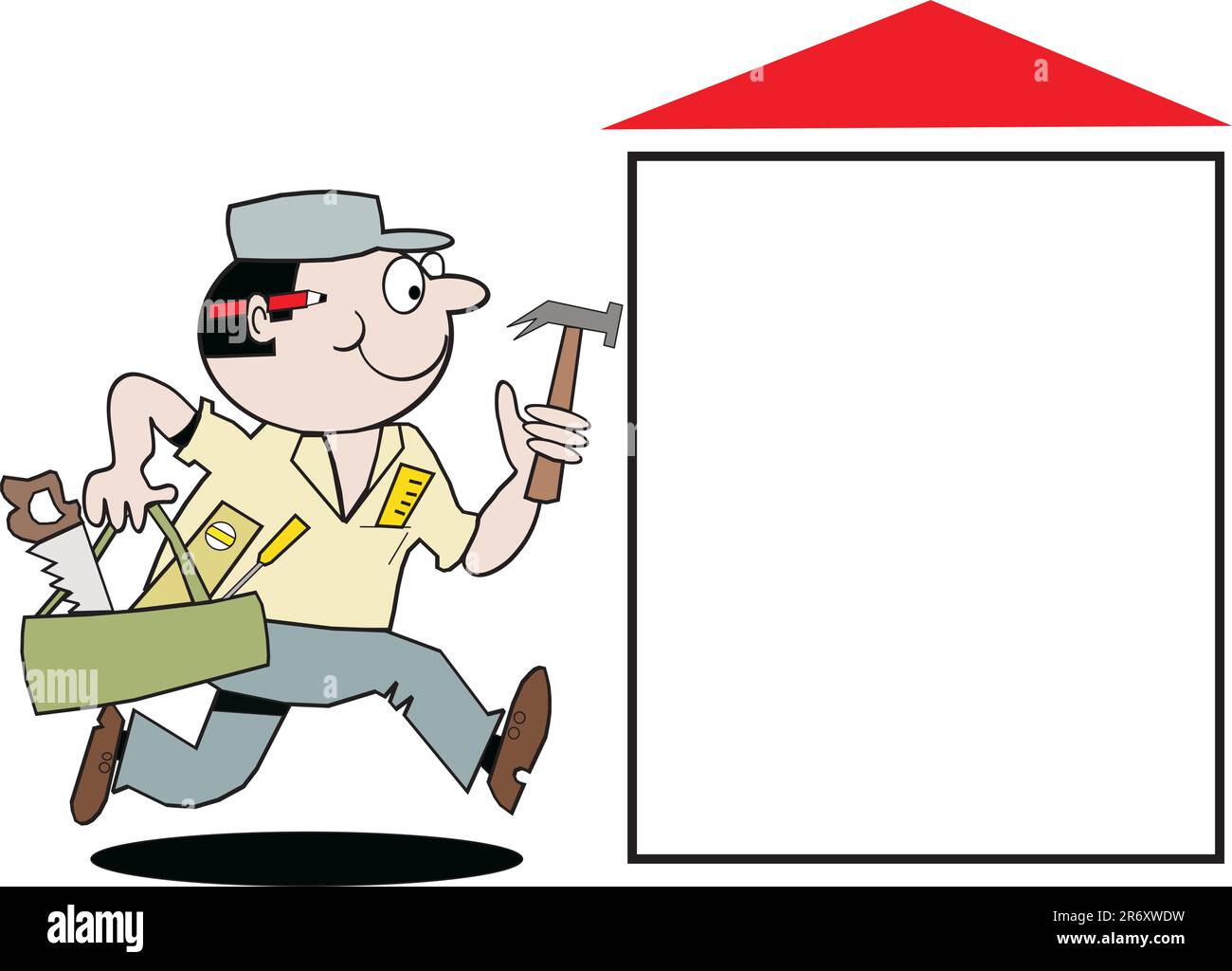 Vector cartoon of enthusiastic carpenter running with tools and blank ...