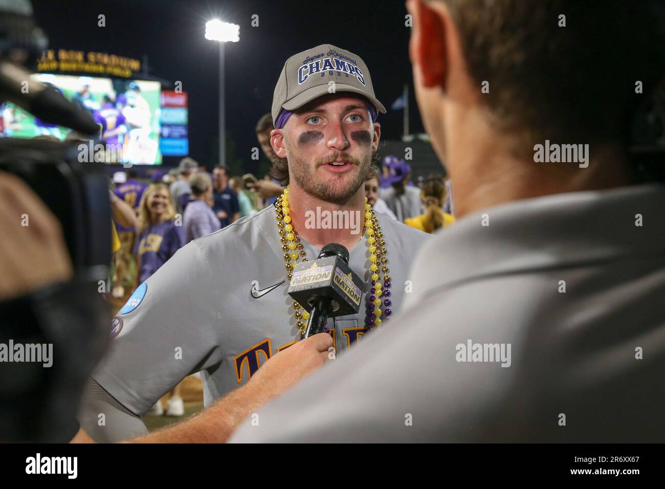 June 11, 2023: LSU's Dylan Crews (3) gives an interview after the win ...