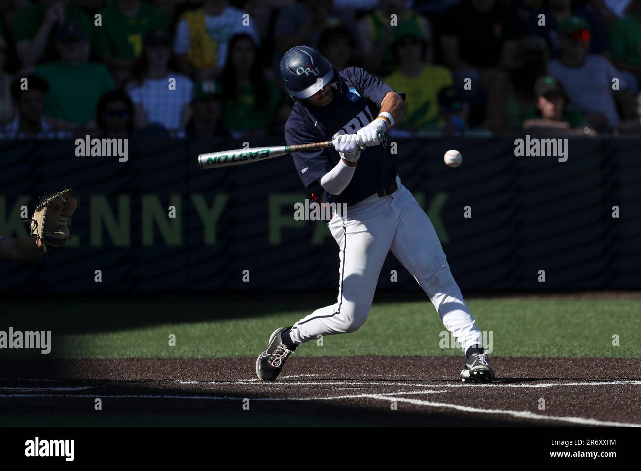 Oral Roberts infielder Jake McMurray (4) bats against Oregon during the ...