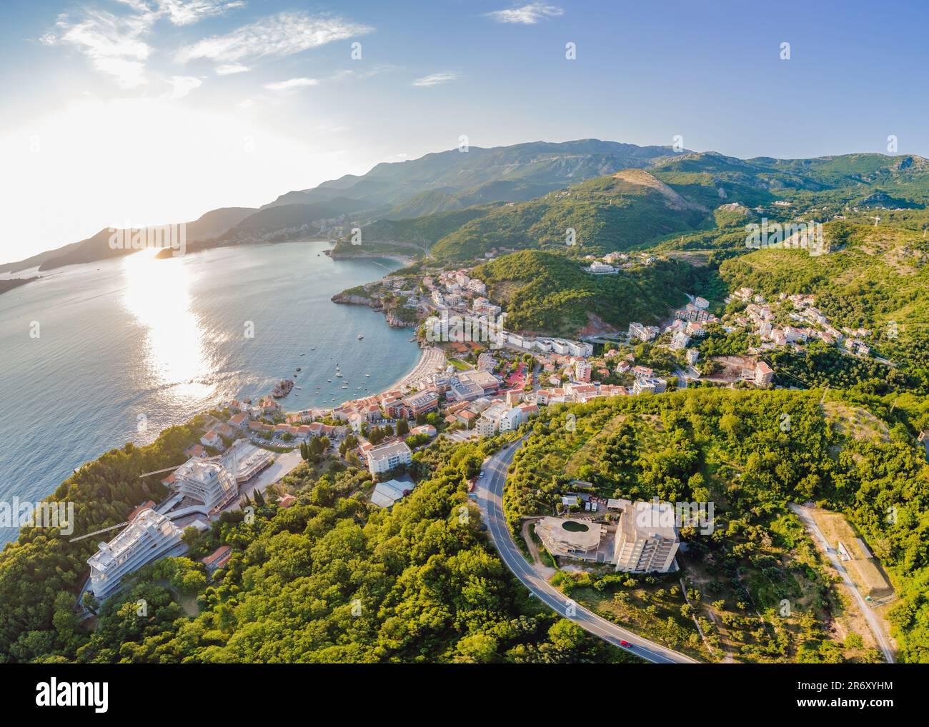 Queen's Beach in Milocer, Montenegro. Aerial view of sea waves and ...