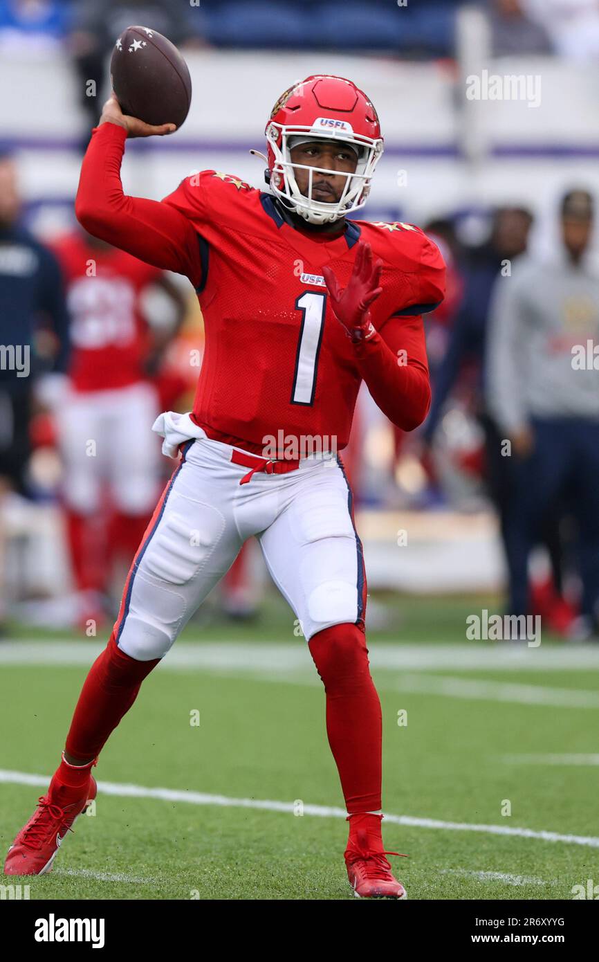 CANTON, OH - JUNE 11: New Jersey Generals quarterback De'Andre Johnson (1) throws a pass during ...