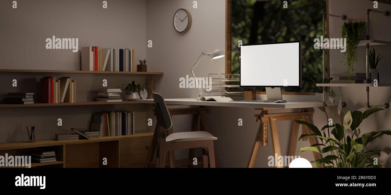 Interior design of a minimalist and comfortable home office at night ...