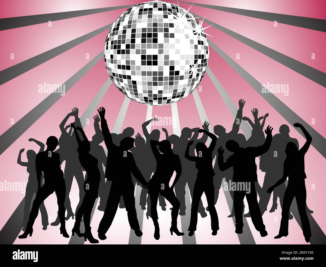 vector illustration of young people silhouettes on an abstract disco ...
