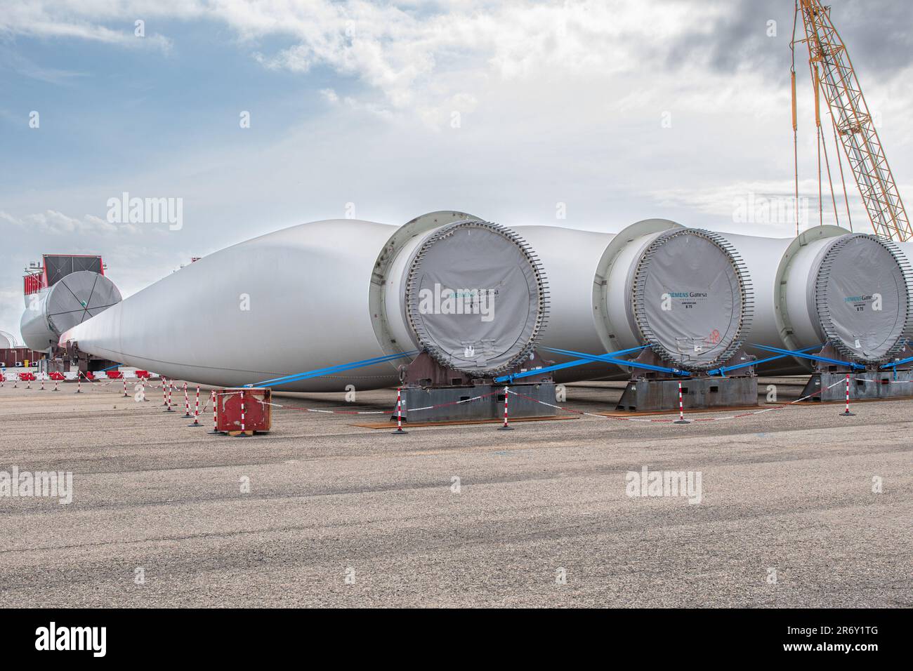View of the pales for wind turbines. EDF Company officially launch the ...