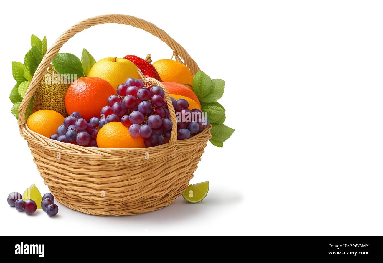 Beautiful fruits set of baskets closeup and copy space for text ...