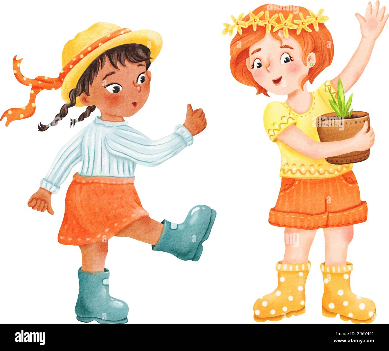 Set Cartoon funny cute illustration. red-haired girl holds a pot with a ...