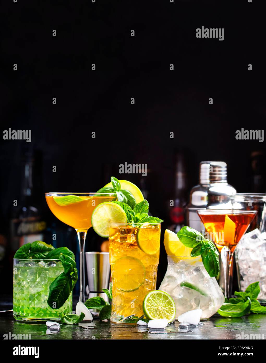 Cocktail party, alcohol drinks with gin, whiskey, vermouth and liquor ...
