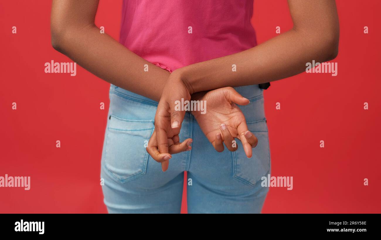 Crossed Fingers Liar Sign Fake Promise Unrecognizable Dishonest Woman Hiding Hands Behind