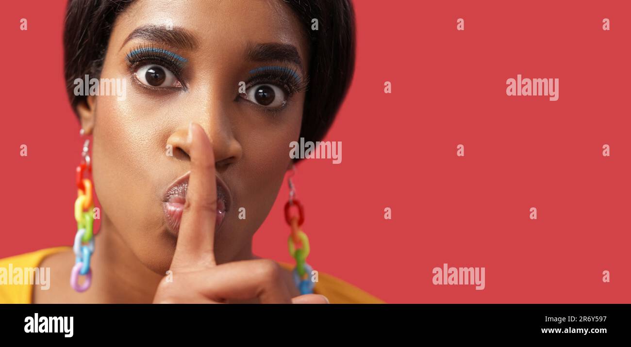 Secret hush. Keep quiet. Stop talking. Disturbed scared woman with ...