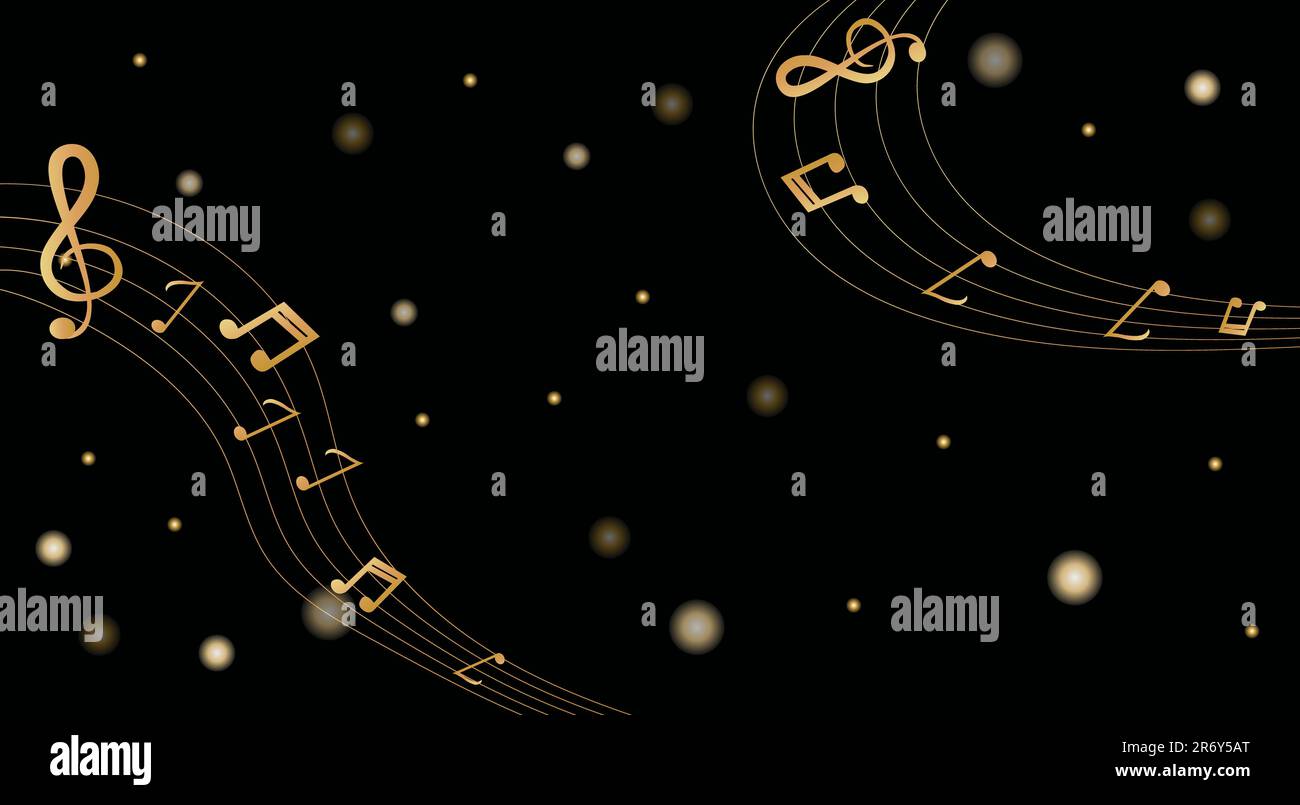 Musical background with clef and notes and 3D effects in gold tone ...