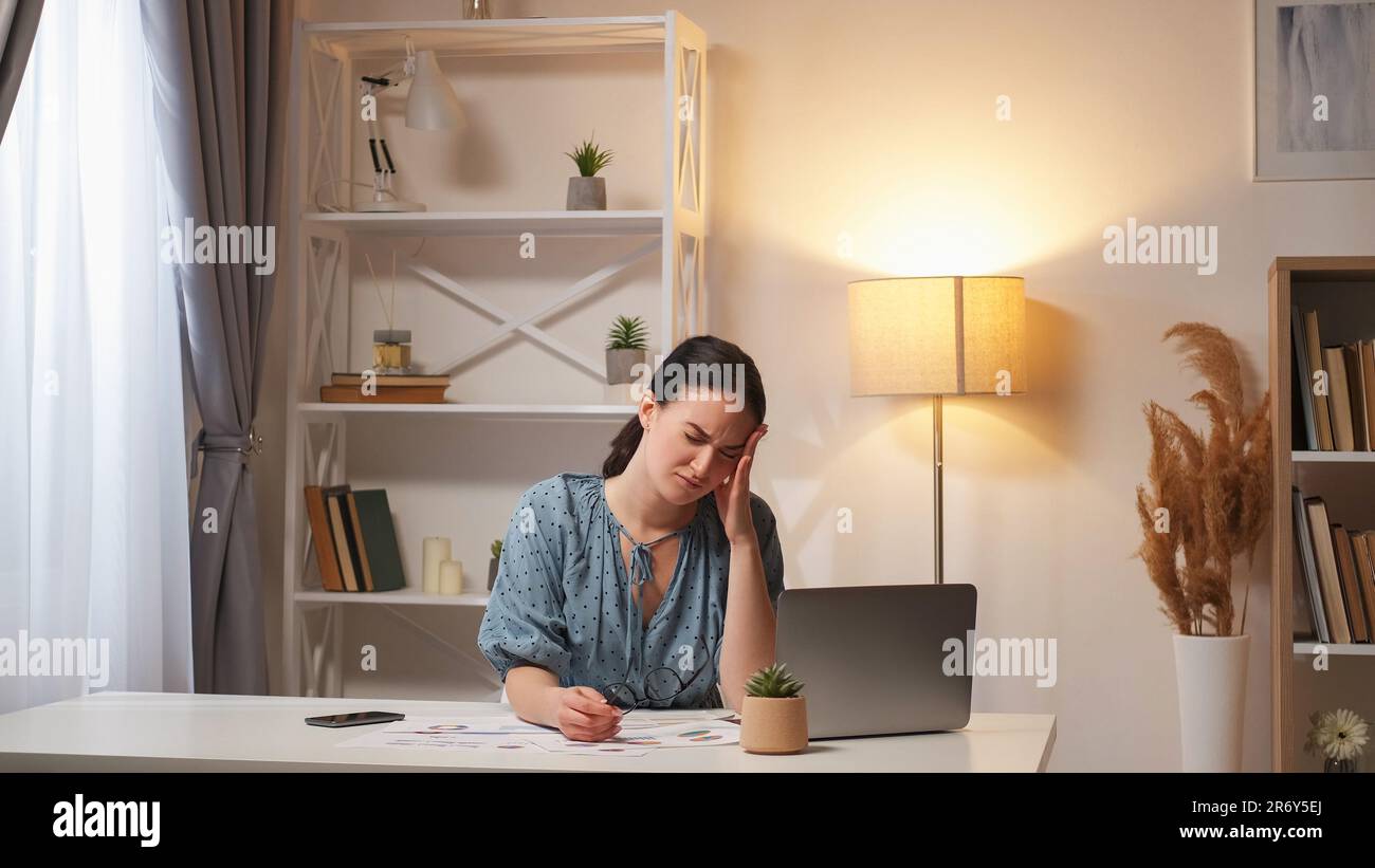 Computer headache. Work fatigue. Workaholic problem. Tired unwell woman ...