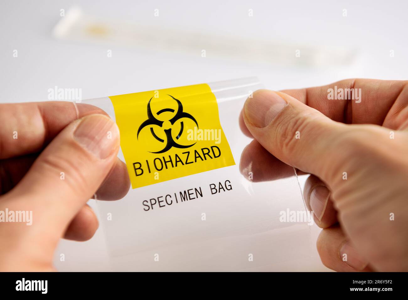 Biohazard specimen plastic bag on a white background Stock Photo - Alamy