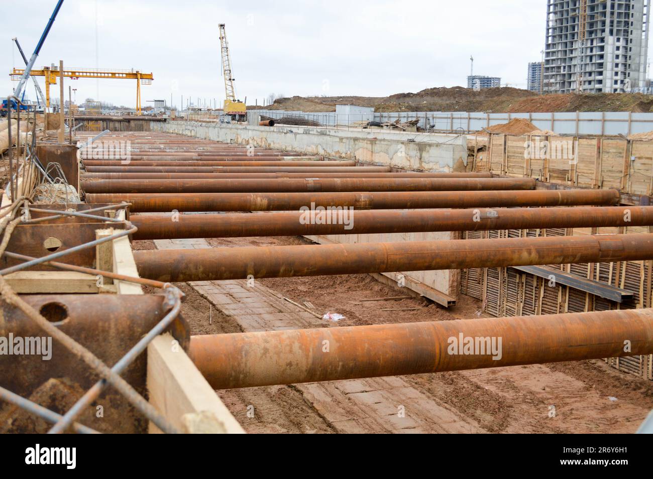 A large huge ditch pit tunnel with reinforcing structures from thick ...