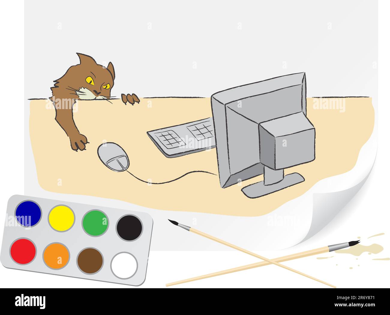 Children drawing of cat and computer a brush paints on a paper Stock ...