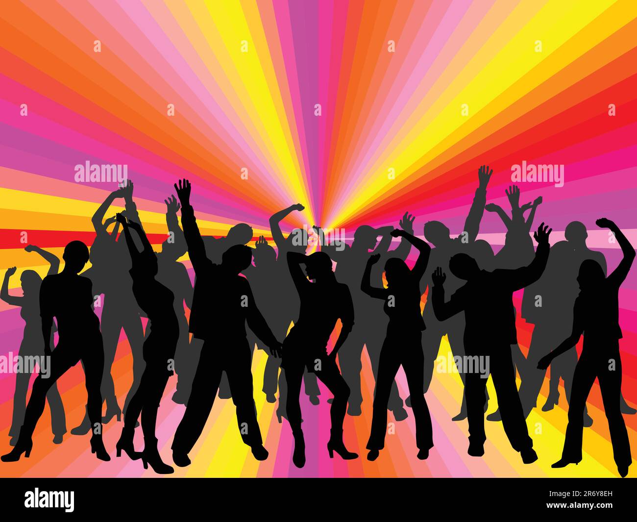 vector illustration of dancing people silhouettes on a disco background ...