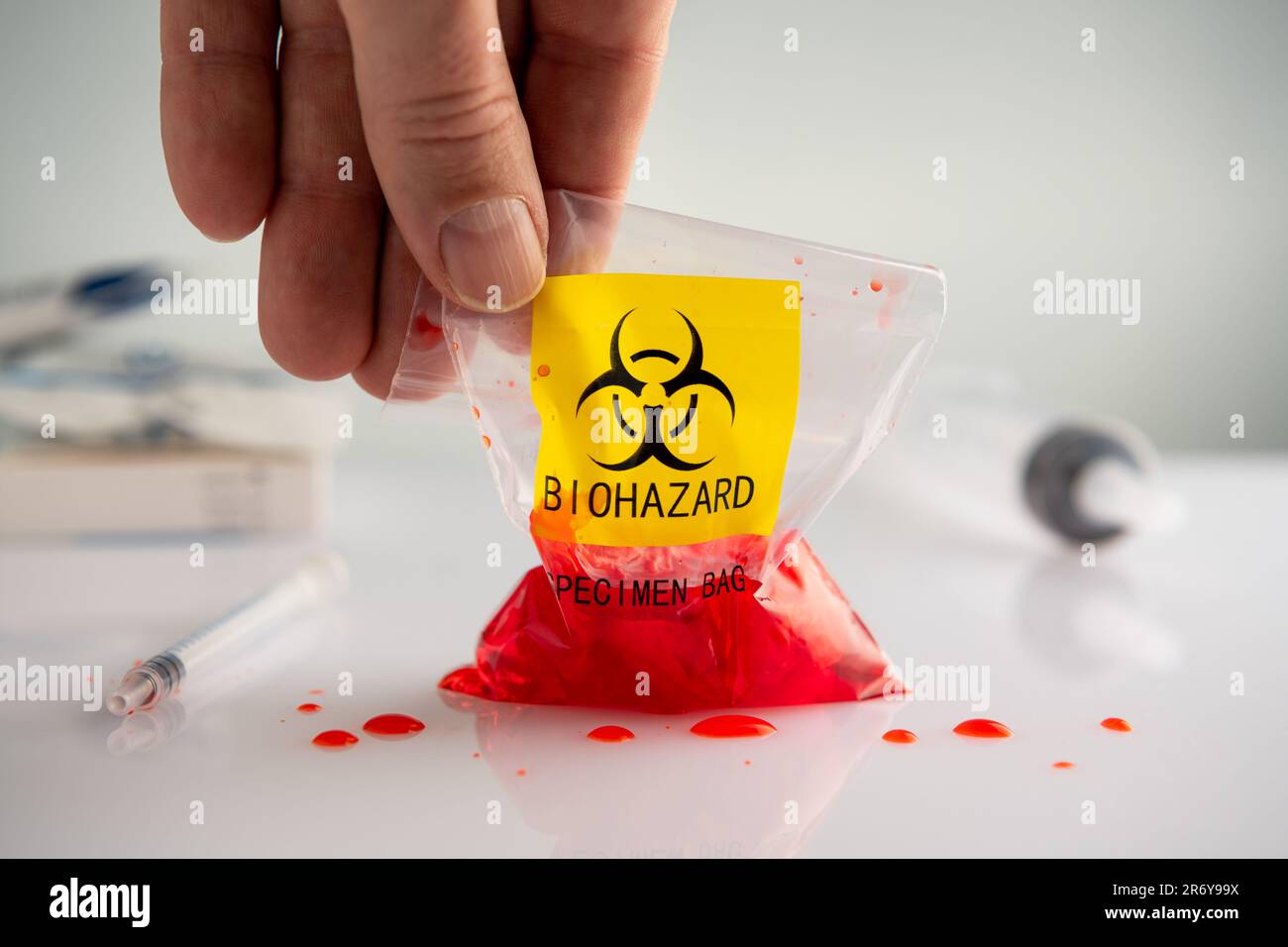 Biohazard specimen plastic bag on a white background Stock Photo - Alamy