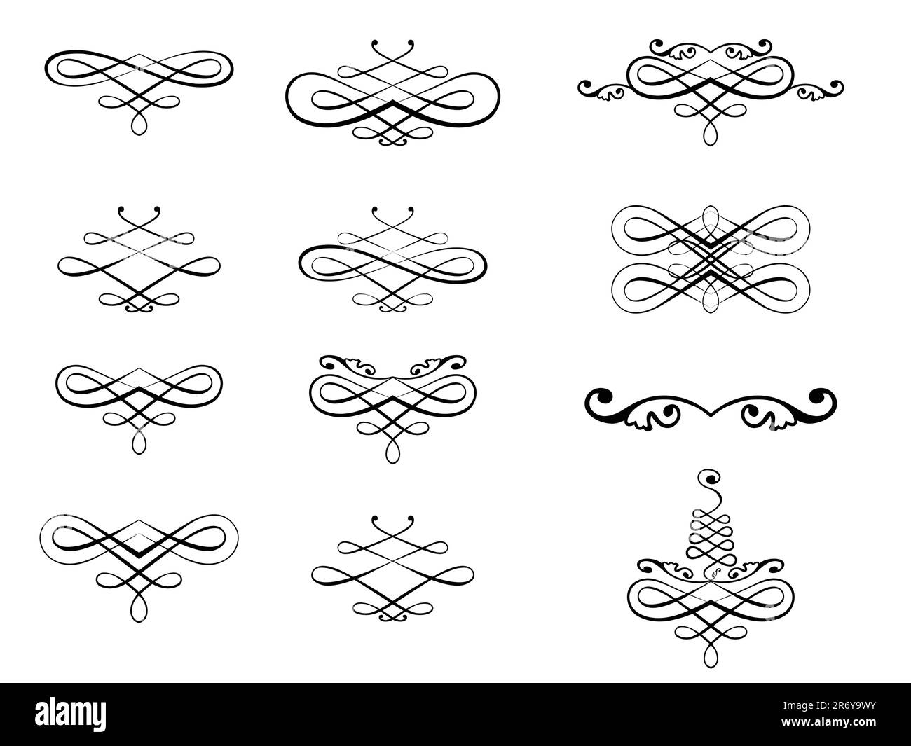 Vector illustration of twelve black curled patterns on wight background ...