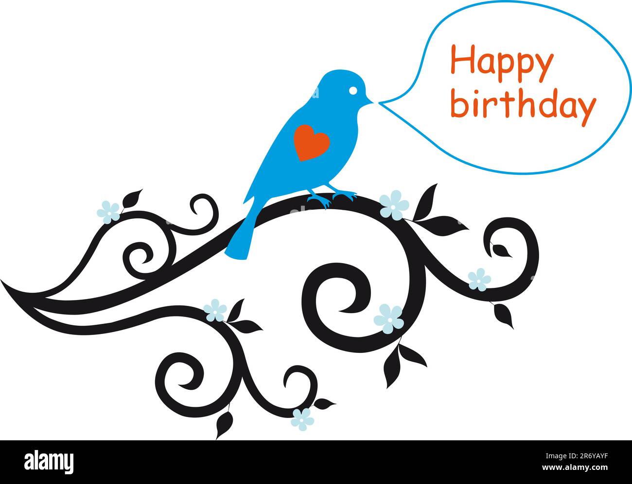 happy birthday card with bird and floral ornaments, vector Stock Vector ...