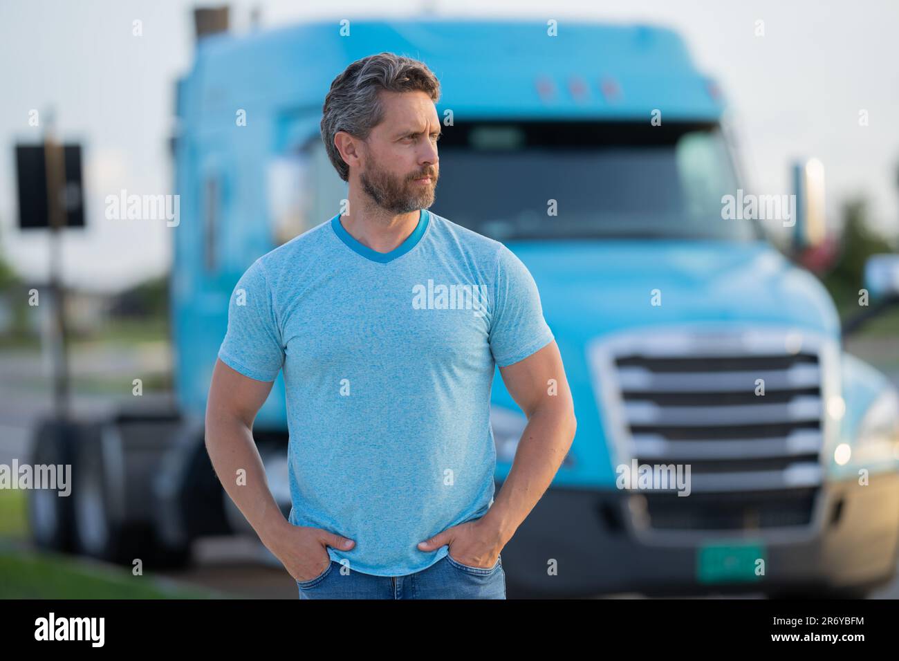 Men driver near lorry truck. Man owner truck driver. Millennial trucker ...