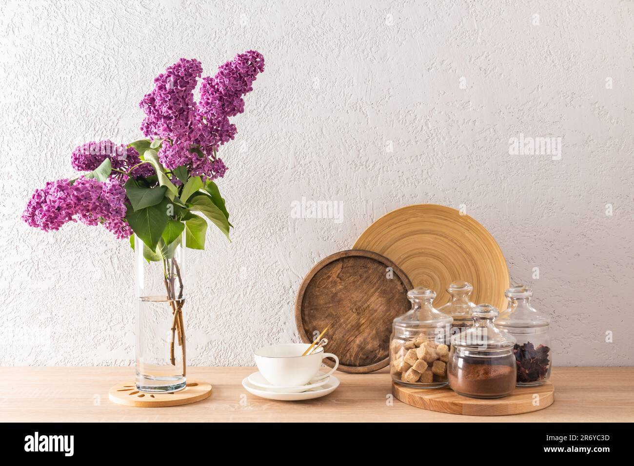 Beautiful kitchen background with glass jars for storing tea, coffee ...
