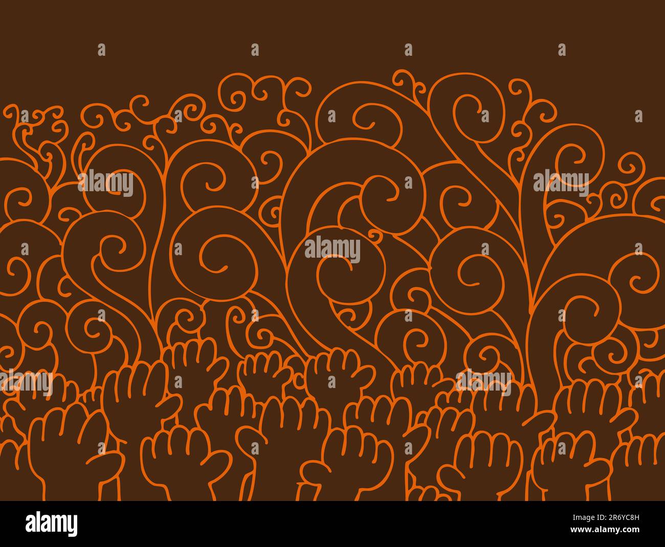 A hand drawn sketch of raised hands with swirls background Stock Vector ...