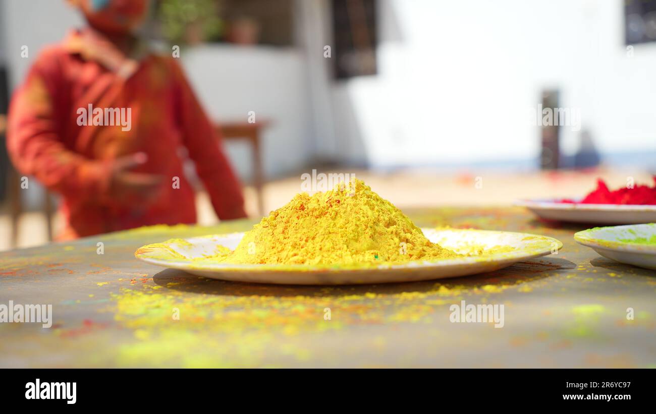 Indian Holi holiday. Holi celebration. Side view. Festive color on ...