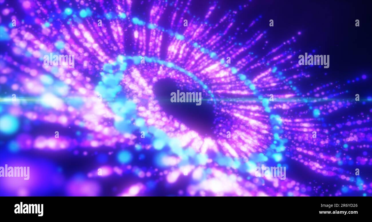 Abstract purple and blue bright luminous particles flying in a spiral ...