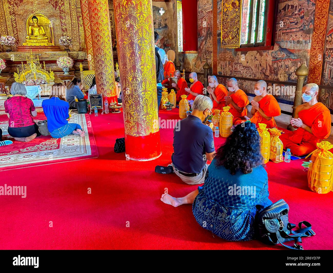 Chiang Mai, Thailand, Group People, Worshippers, Buddhist Monks Praying ...
