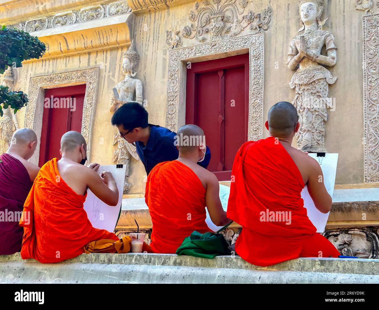 Chiang Mai, Thailand, Group men, traditional robes, from behind ...