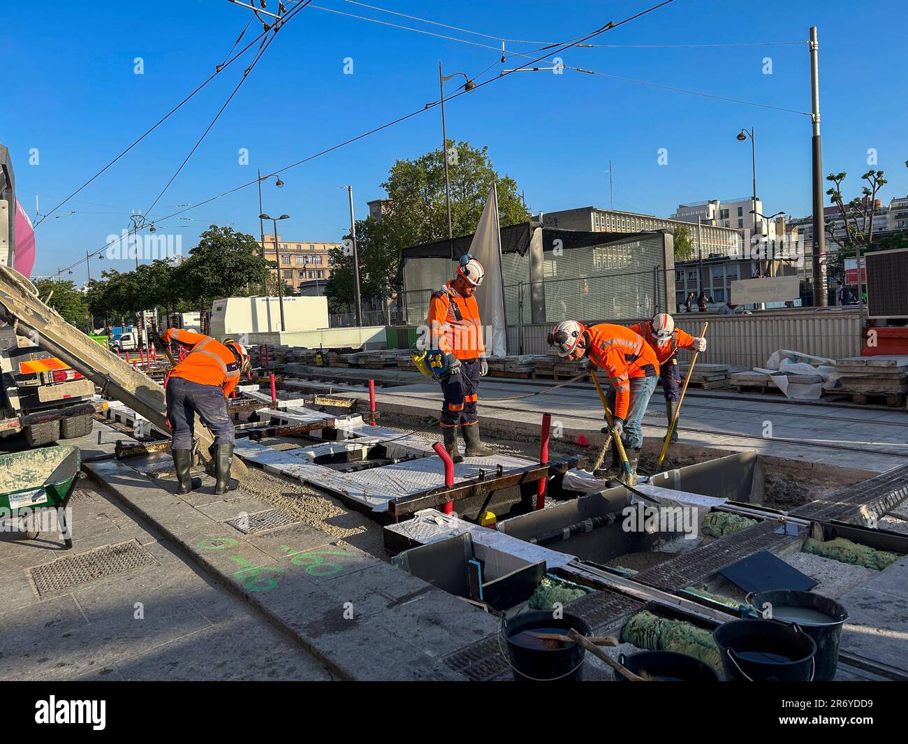 Paris, France, Group Construction Workers, Repairing Tram Train Tracks ...