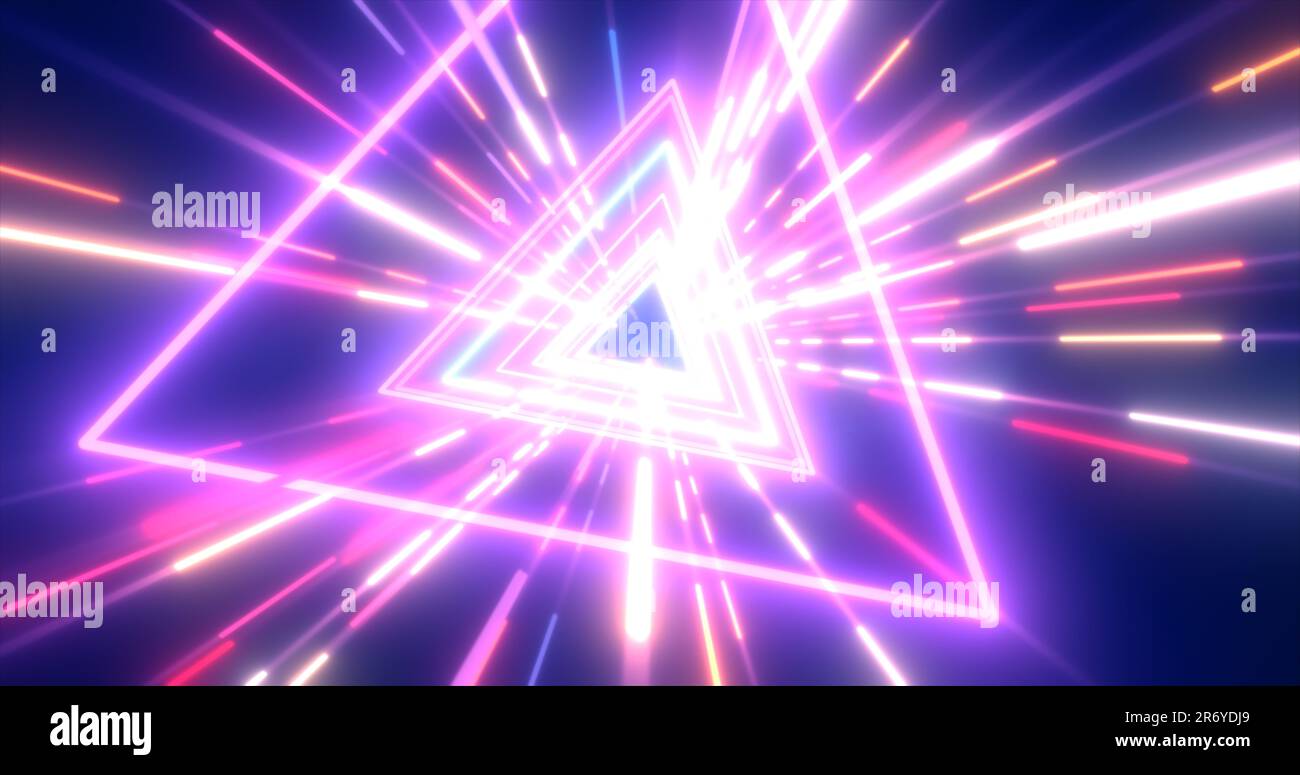 Abstract purple energy futuristic hi-tech tunnel of flying triangles ...