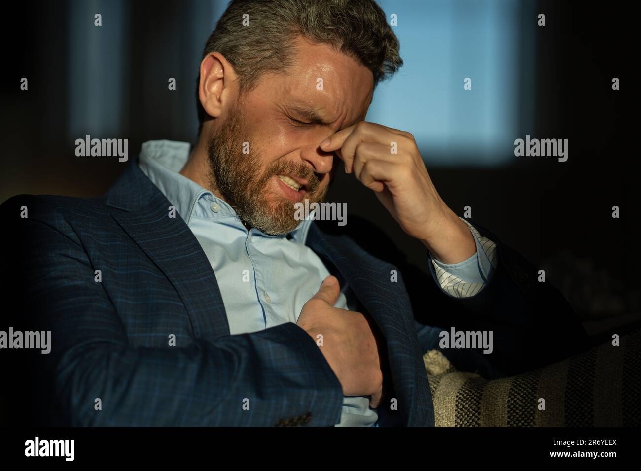 Tired, headache and eye strain. Businessman with stress, burnout and ...