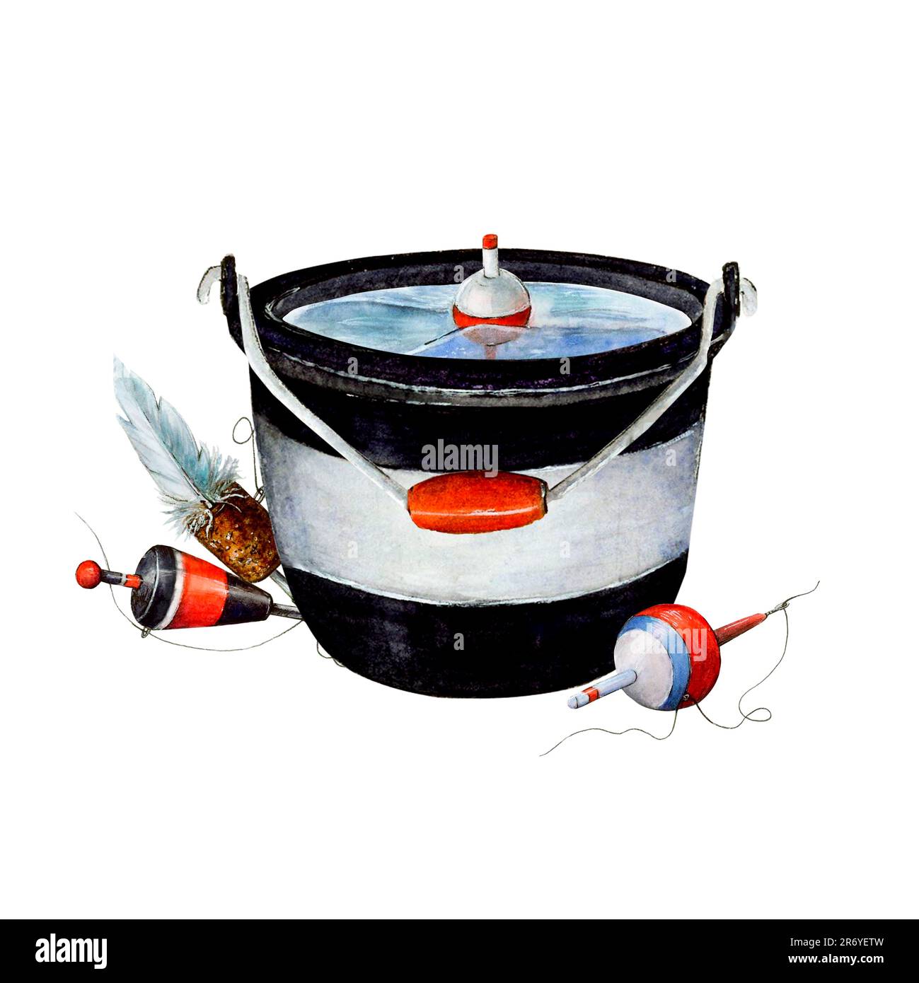 Watercolor drawing set of fishing bucket, black and white with red ...