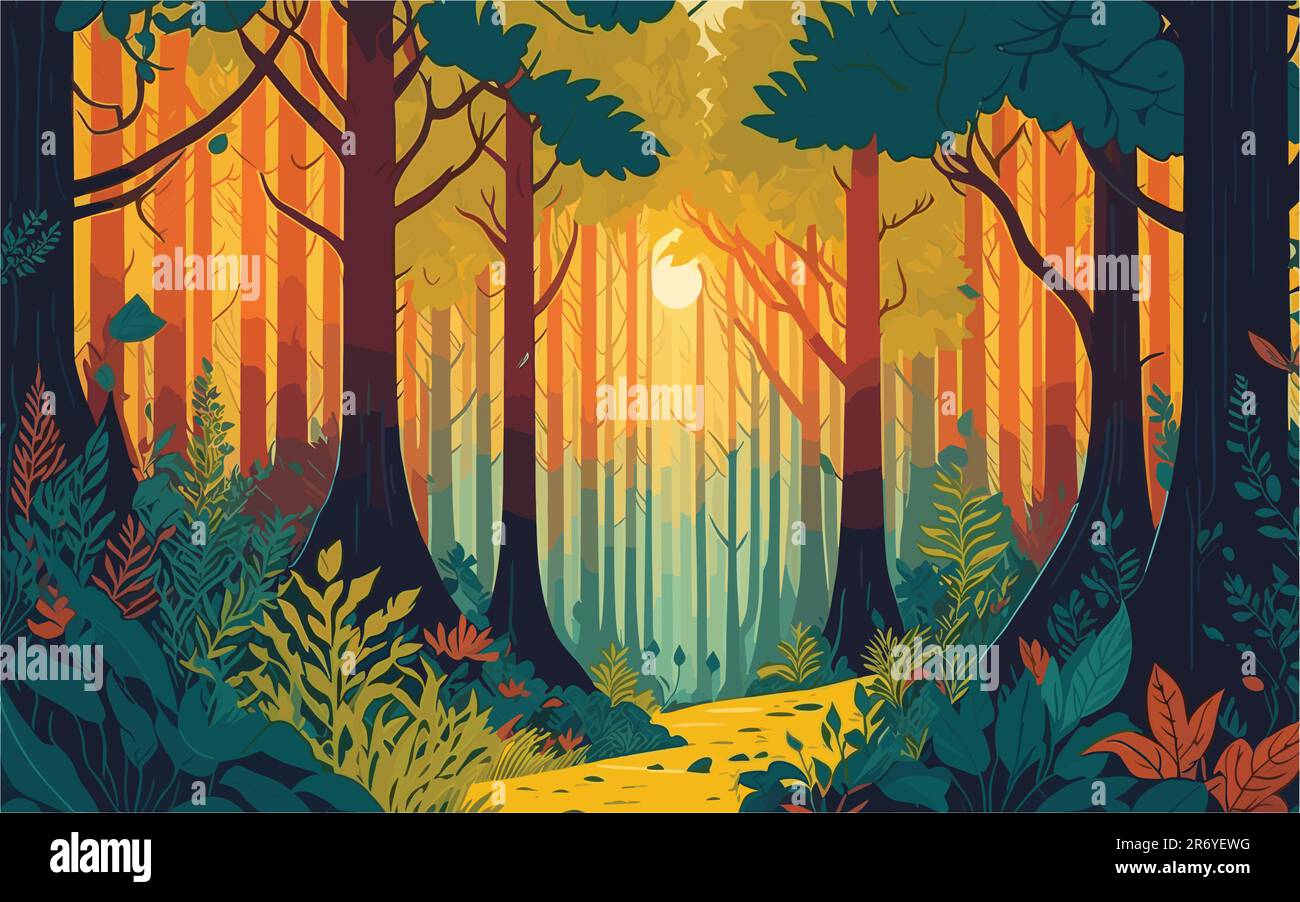 vector style background illustration featuring a lush, enchanted forest ...