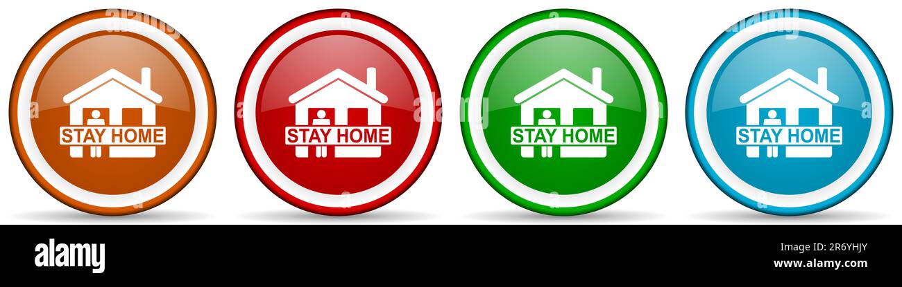 Stay home, covid-19 pandemic concept glossy icons, set of modern design ...