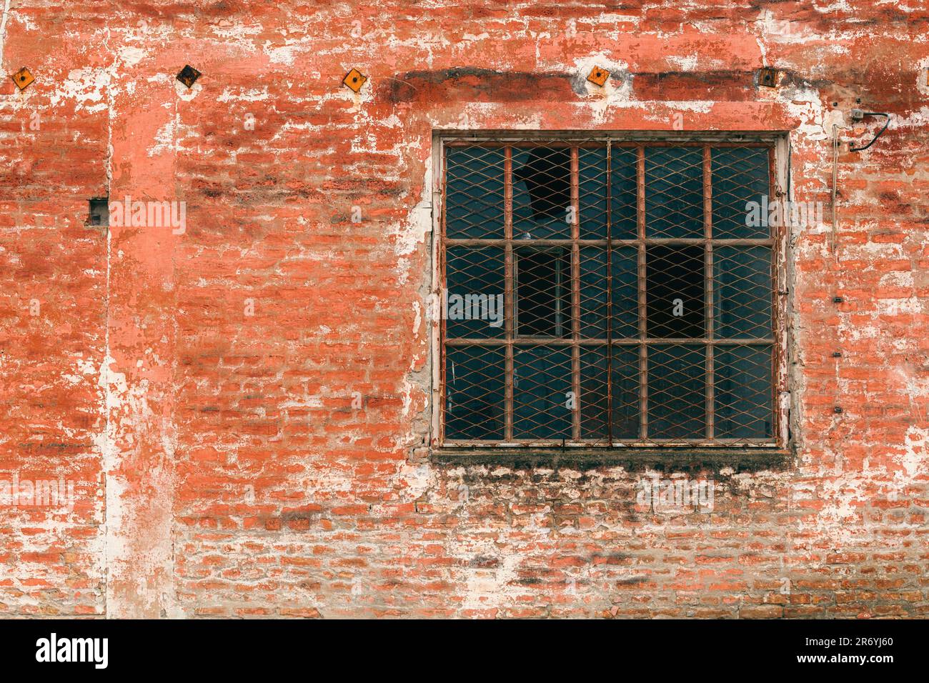 Old industrial metallic grid window with mullion and muntin on ruined ...
