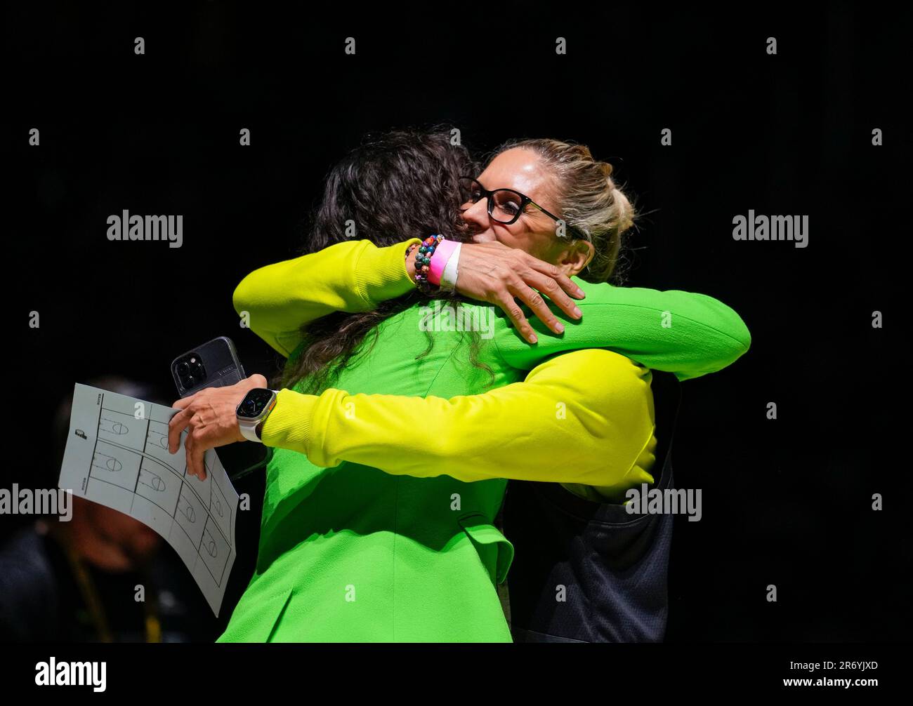 Sue Bird hugs former head coach Jenny Boucek during a jersey retirement ...